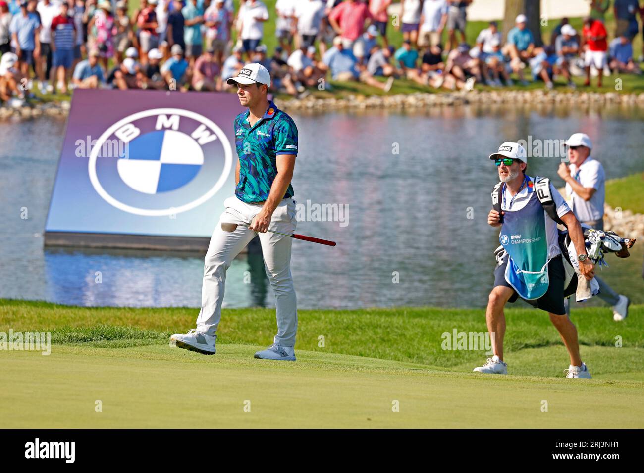 OLYMPIA FIELDS, IL - AUGUST 20: PGA golfer Viktor Hovland walks the 18th hole during the final ...