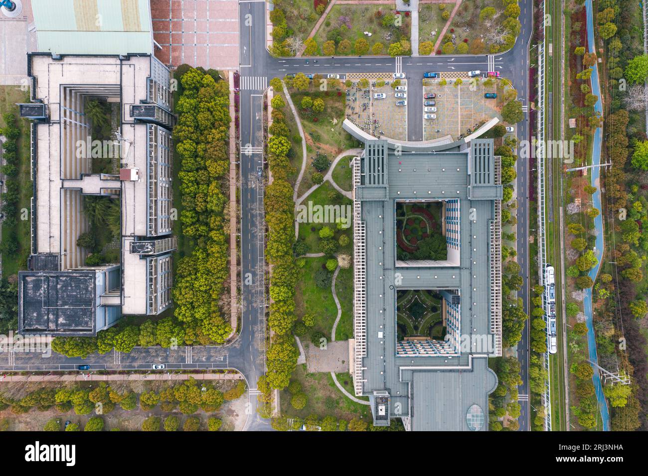 Aerial view of a modern cityscape featuring bustling streets, bustling ...