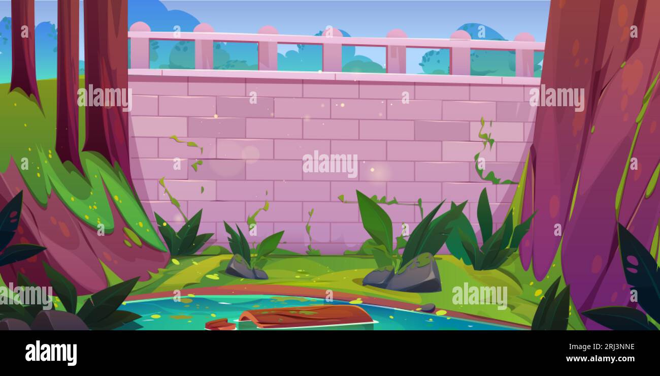 Mountain valley lake under stone bridge balustrade. Vector cartoon ...