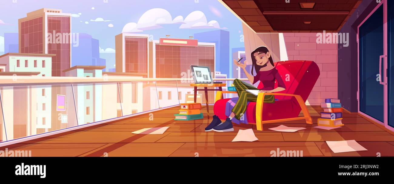 Girl on city building terrace cartoon interior background. Skyscraper ...