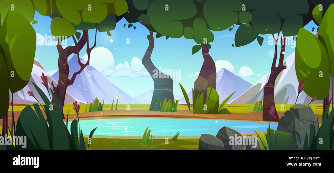 Clear blue lake in forest at foot of mountains. Vector cartoon ...