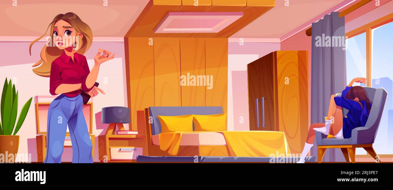 Upset teen in bedroom with sad mother cartoon vector illustration ...