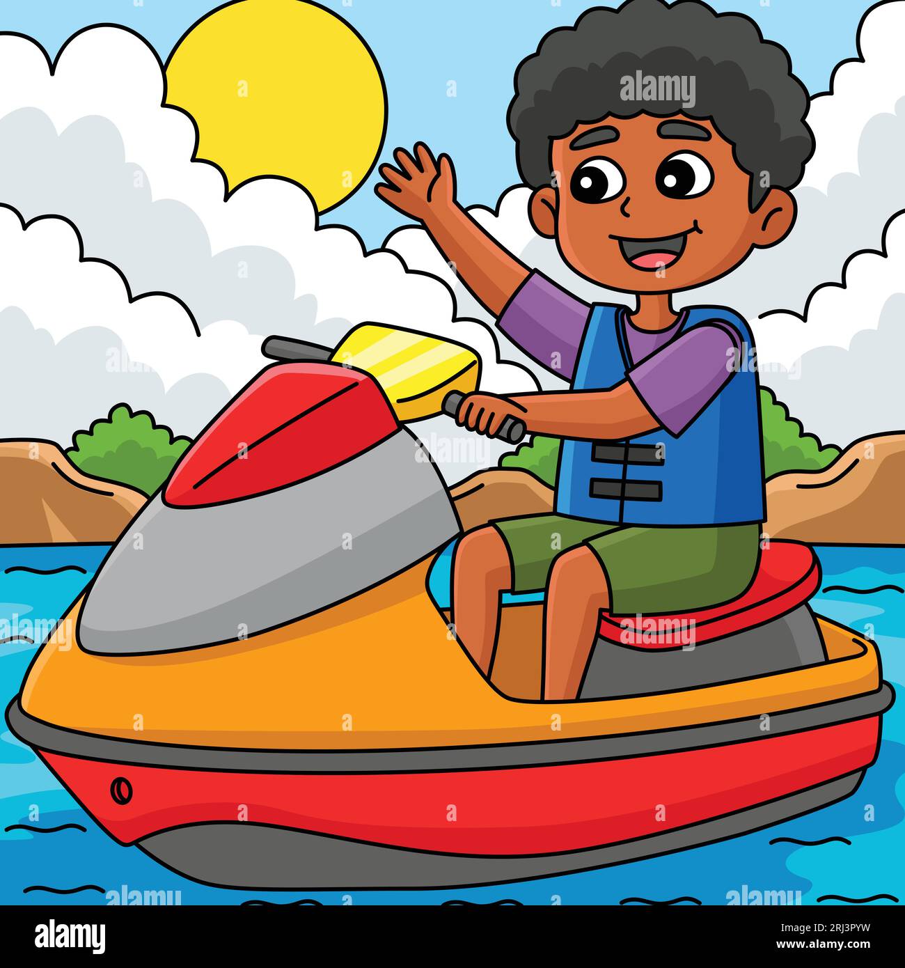 Boy Riding a Jet Ski Summer Colored Cartoon Stock Vector Image & Art ...
