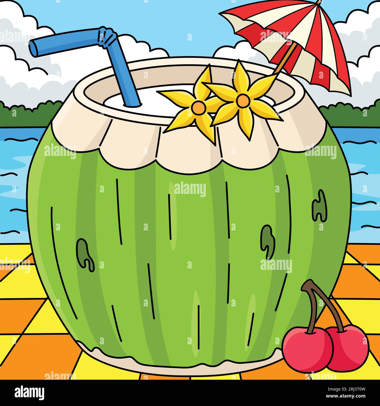 Coconut Drink Summer Colored Cartoon Illustration Stock Vector Image ...