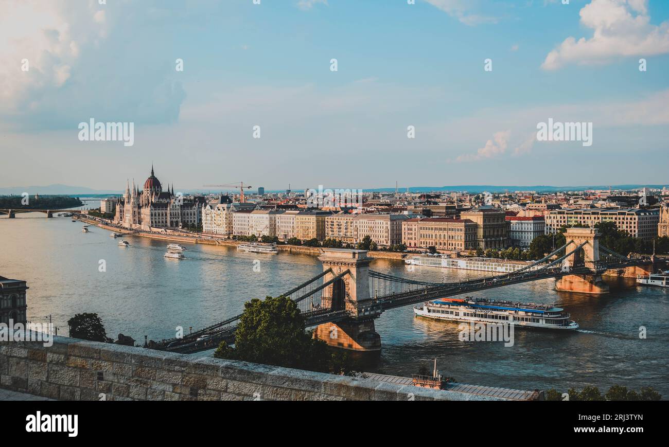 An aerial view of Budapest's cityscape with historical buildings during ...