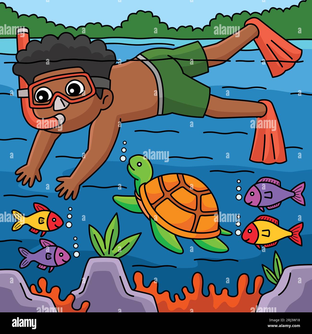 Boy Snorkeling Summer Colored Cartoon Illustration Stock Vector Image ...