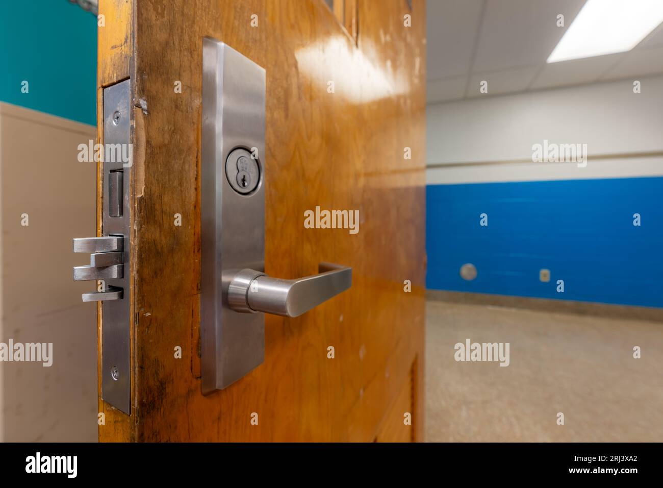 Open classroom door with new door hardware with security locks for a ...