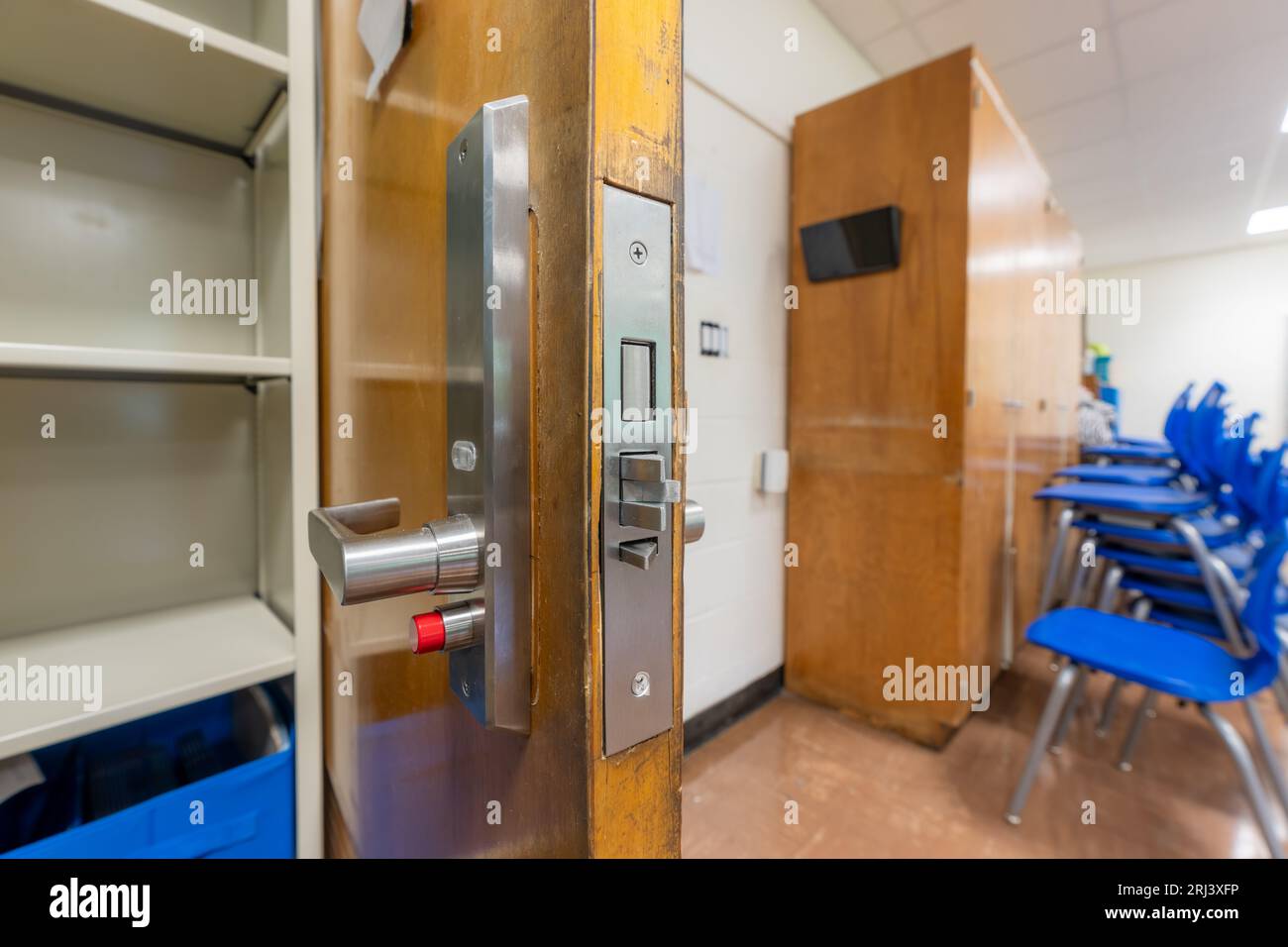 Open classroom door with new door hardware with security locks for a ...
