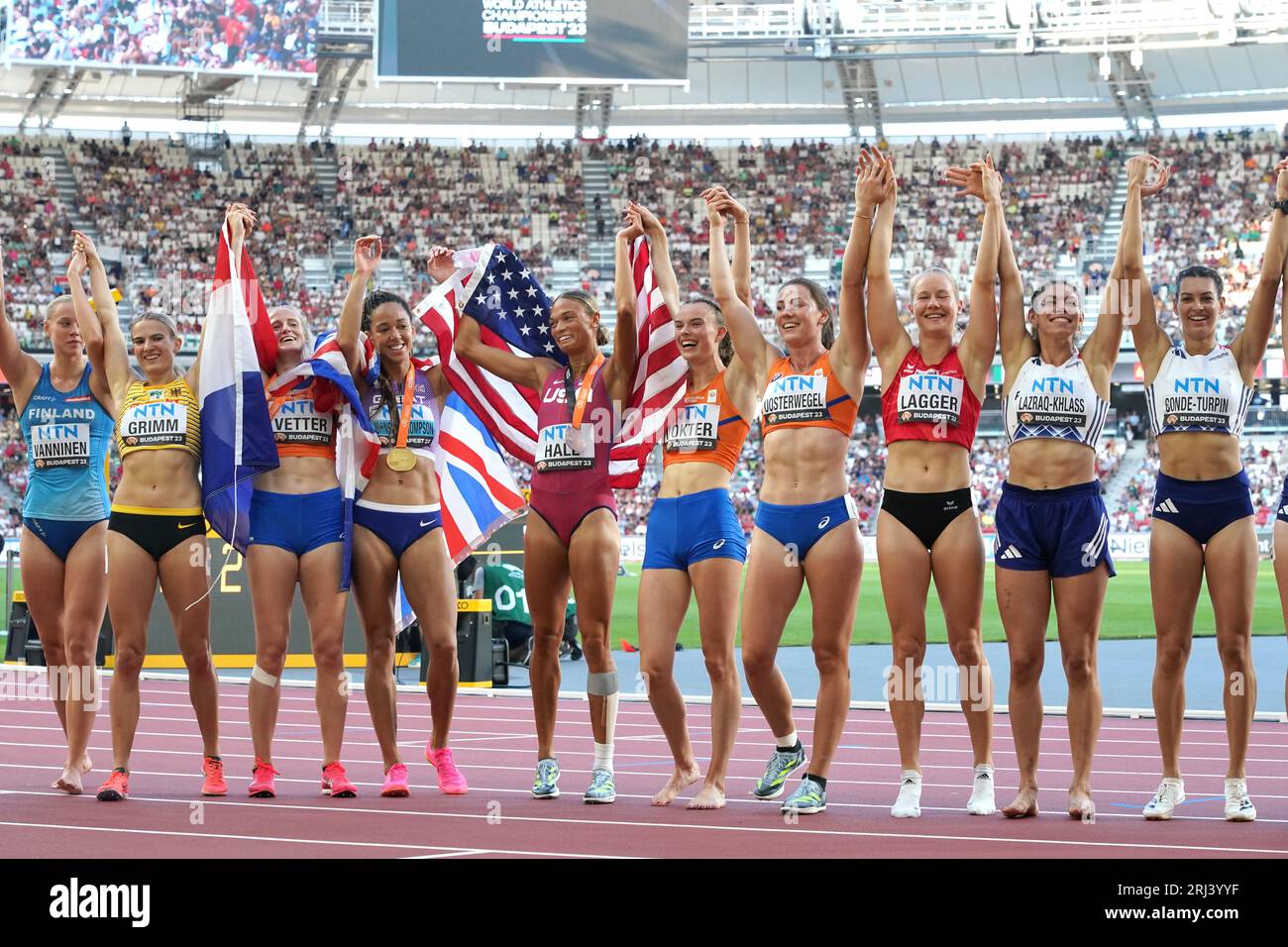 L-R Anouk Vetter (NED), Katarina Johnson-Thompson (GBR) and Anna Hall ...
