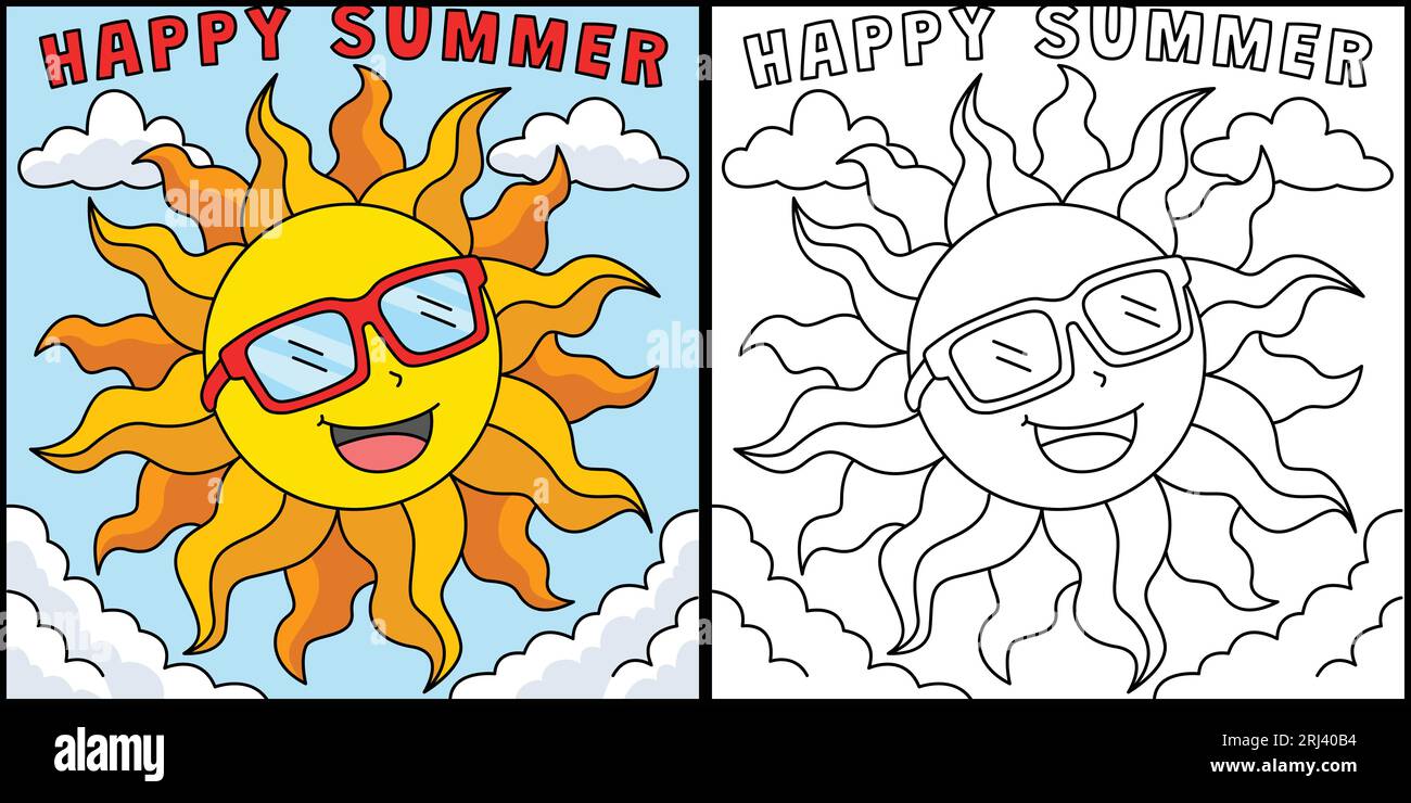 Sun with Happy Summer Coloring Page Illustration Stock Vector Image ...