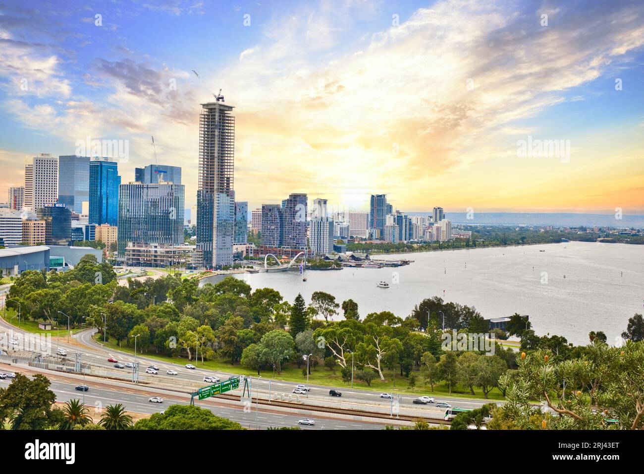 Perth City view from Kings Park showing Elizabeth Quay, Kwinana freeway ...