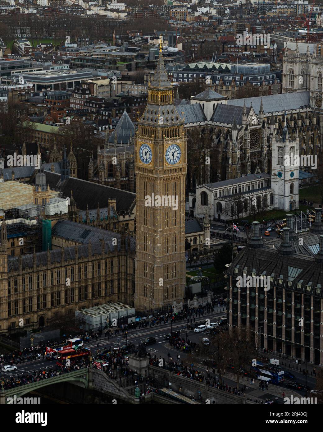 An aerial view showcases the iconic Big Ben Clock Tower in London ...