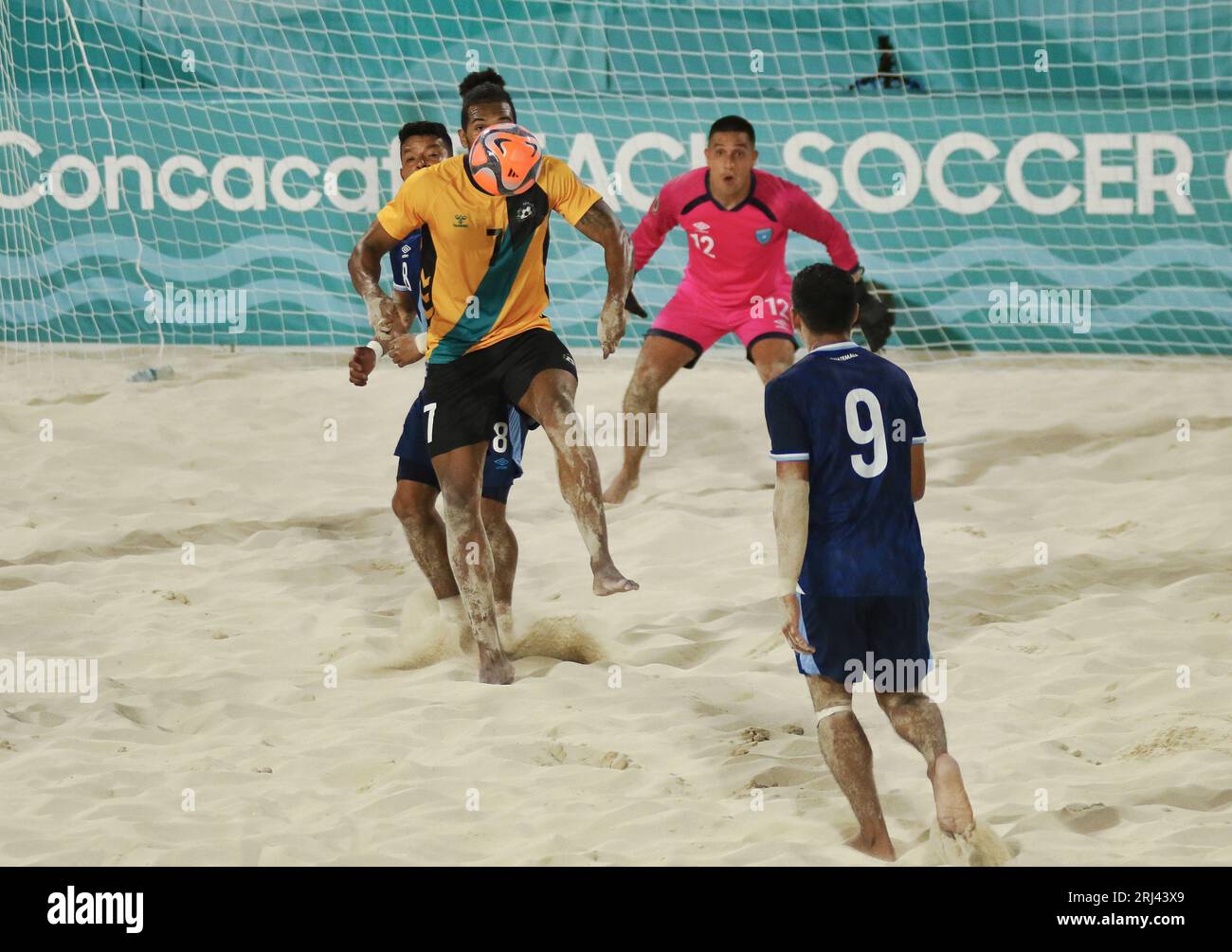Two beach soccer teams, the Bahamas and Guatemala, compete against each other in the CONCACAF ...