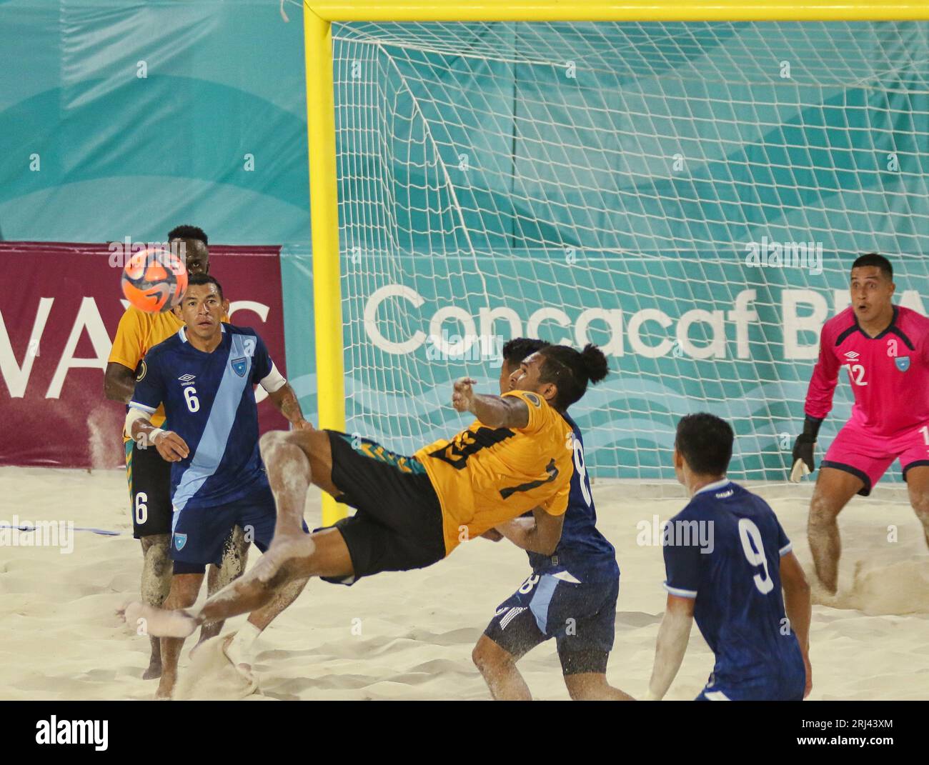 Two beach soccer teams, the Bahamas and Guatemala, compete against each other in the CONCACAF ...