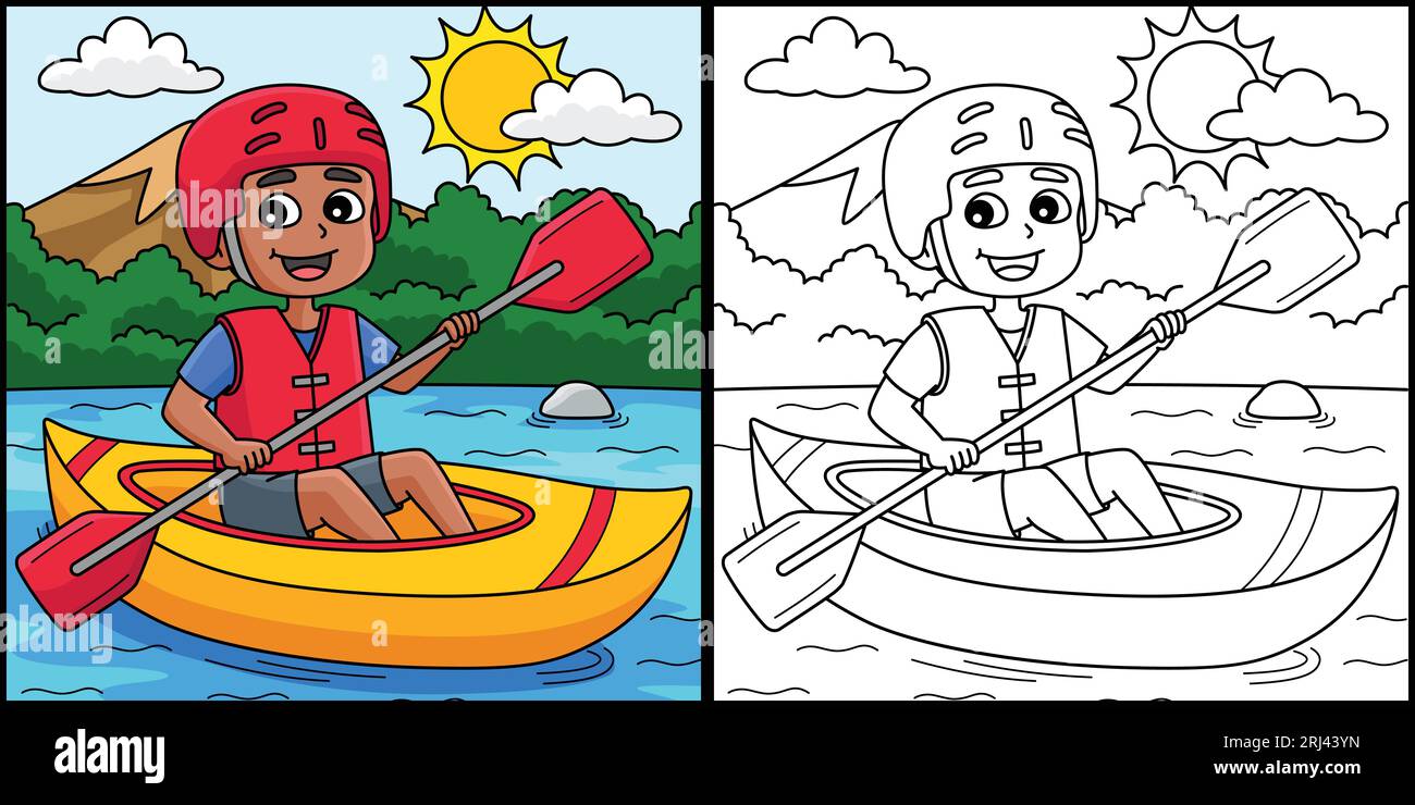 Boy Kayaking in Summer Coloring Page Illustration Stock Vector Image ...