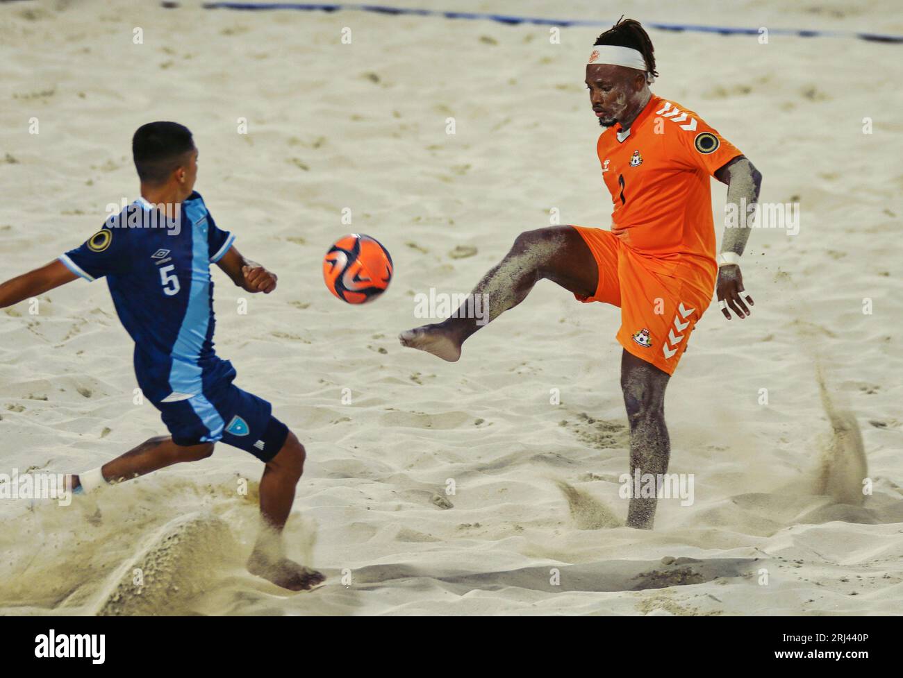 Two beach soccer teams, the Bahamas and Guatemala, compete against each other in the CONCACAF ...