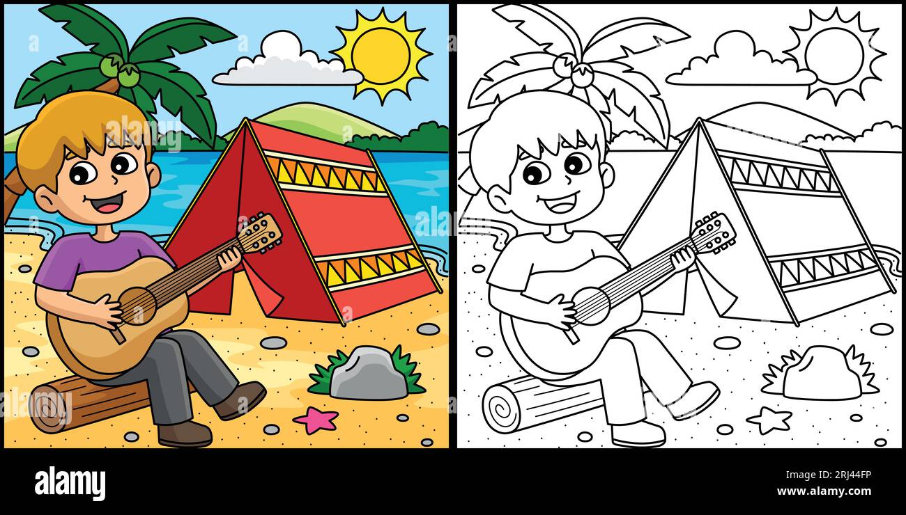Boy Summer Camping Coloring Page Illustration Stock Vector Image & Art ...