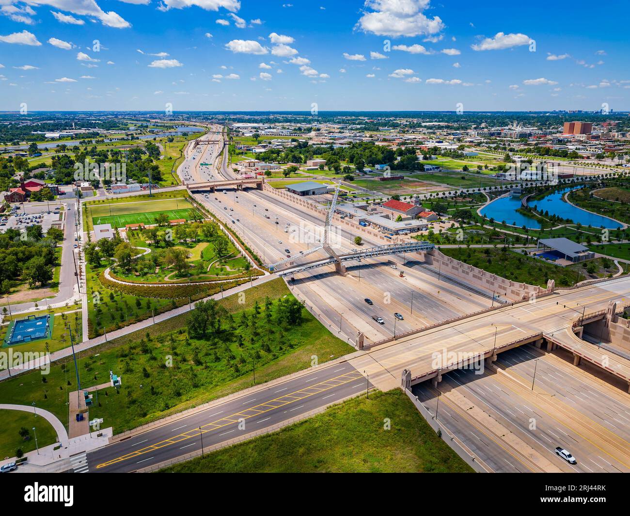 Aerial view of Skydance Bridge and cityscape at Oklahoma Stock Photo ...