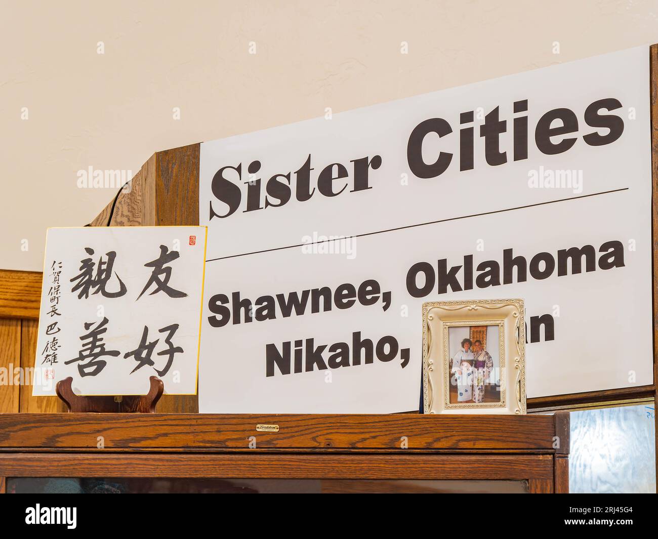 Oklahoma, AUG 18 2023 - Interior view of the Sister Cities sign of Paul ...