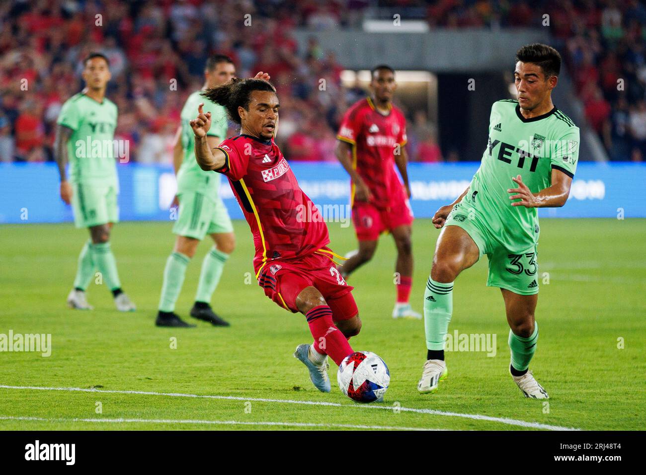 St. Louis City SC midfielder Aziel Jackson, left, and Austin FC ...