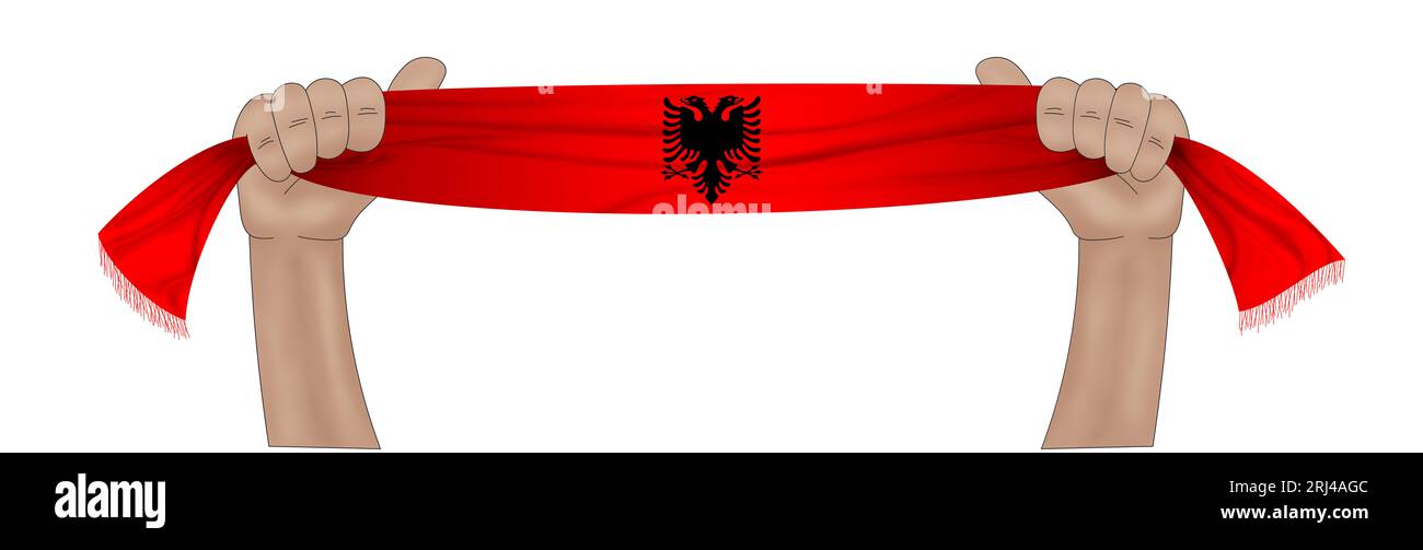 3D illustration. Hand holding flag of Albania on a fabric ribbon ...
