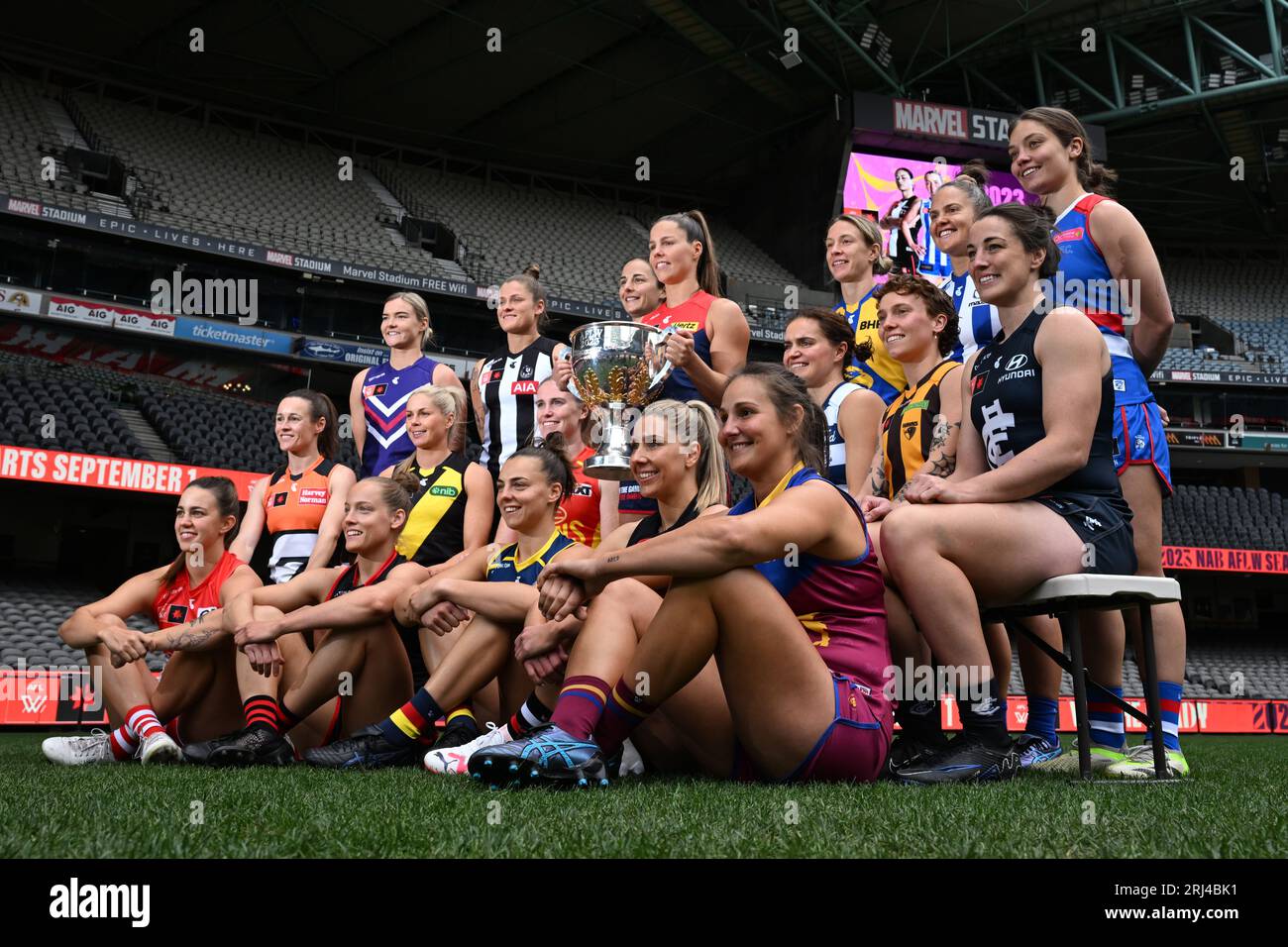 Melbourne, Australia. 21st Aug, 2023. AFLW team captains pose for a ...
