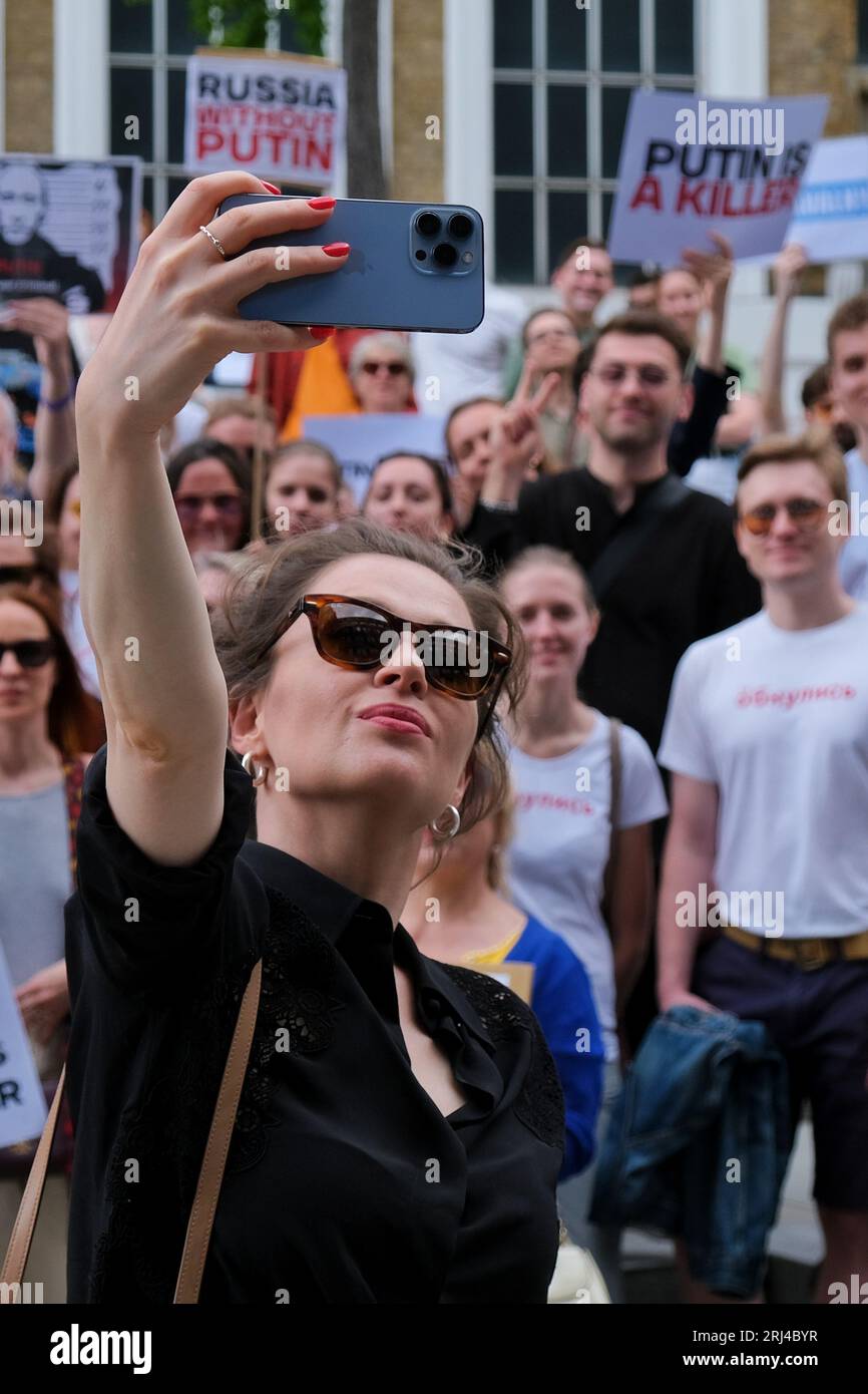 London, UK. 20th August, 2023. Maria Pevchikh takes a selfie at an anti ...