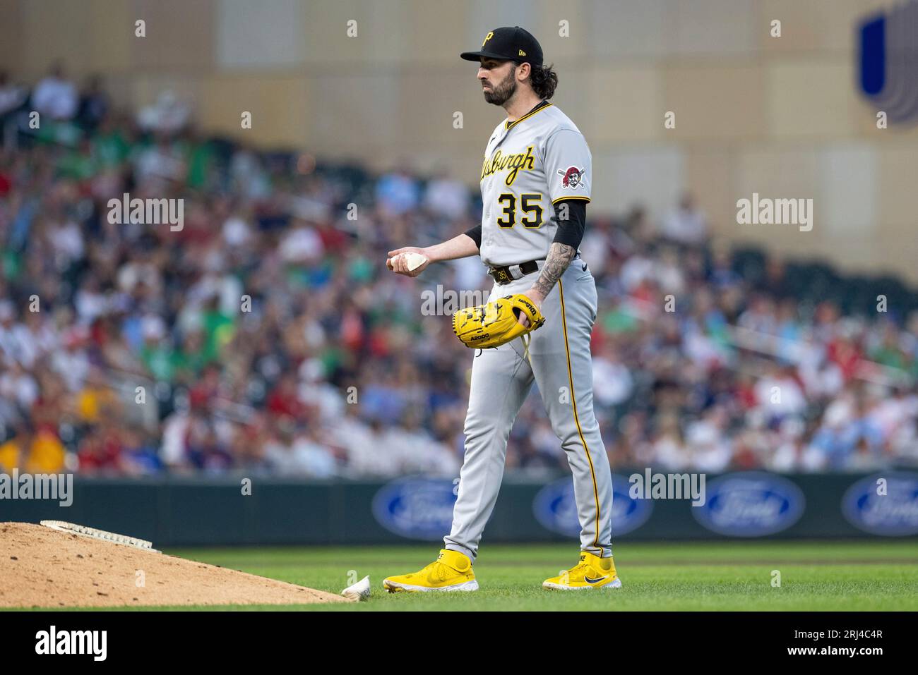 Pittsburgh Pirates relief pitcher Colin Holderman (35) holds a rosin ...