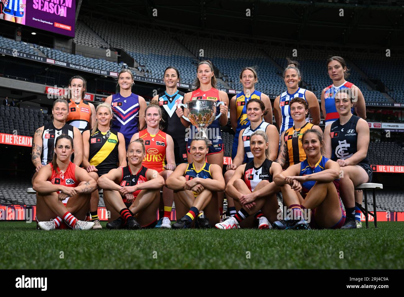 Melbourne, Australia. 21st Aug, 2023. AFLW team captains pose for a ...