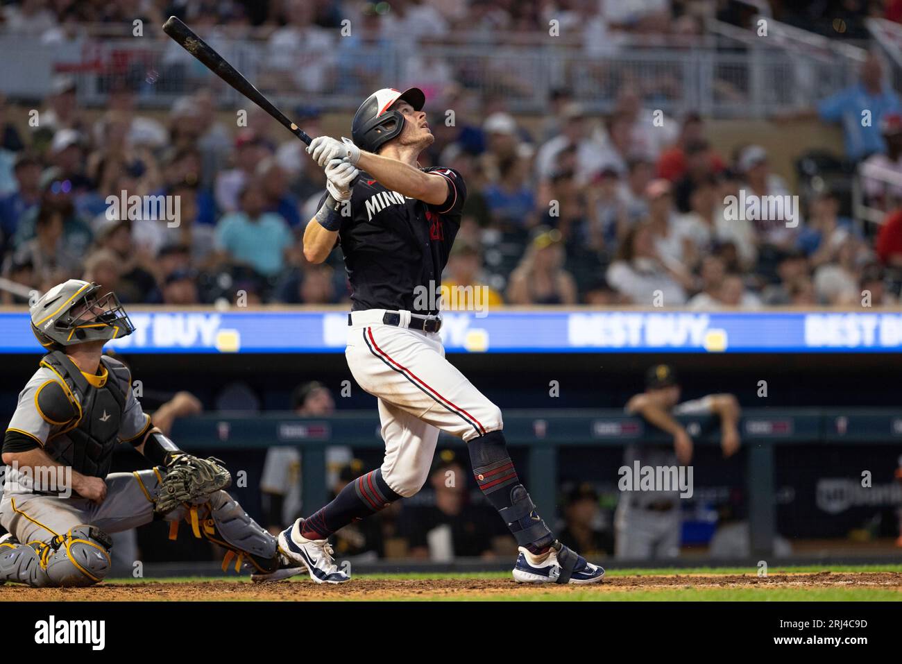 Minnesota Twins' Max Kepler hits a fly out to Pittsburgh Pirates center ...