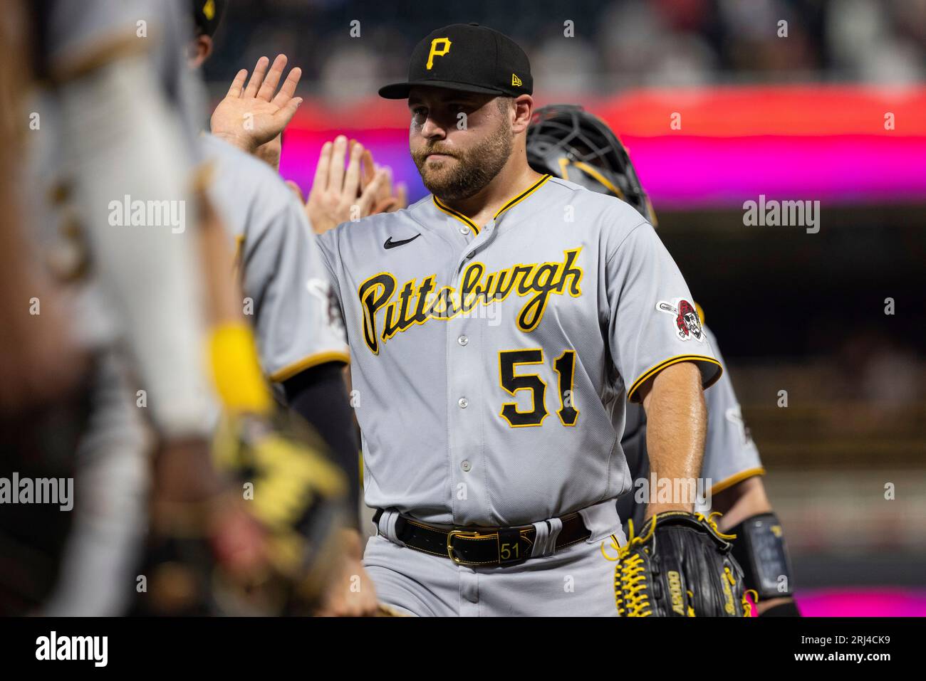 Pittsburgh Pirates' David Bednar (51) celebrates the team's win over ...