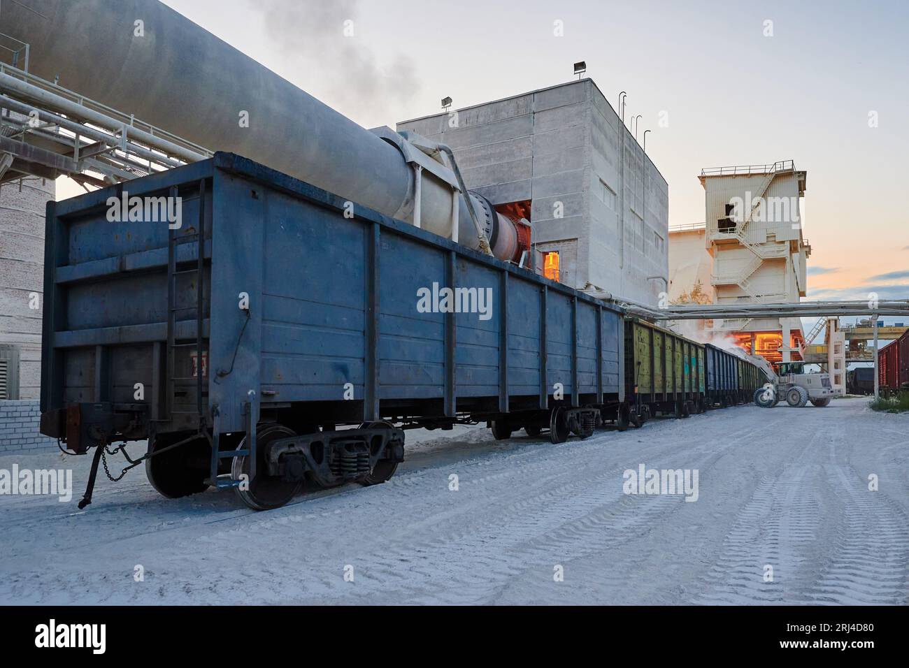 Freight gondola cars for limestone loading stand at factory Stock Photo ...