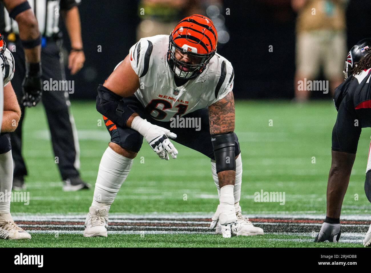 Cincinnati Bengals offensive tackle Cody Ford (61) lines up during the first half of an NFL ...