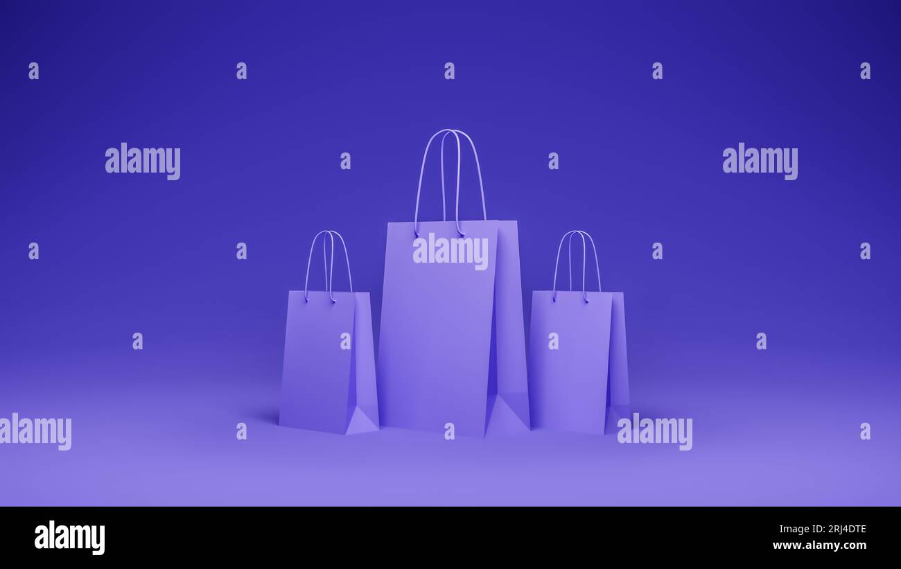 Three purple shopping bags for shopping concept background, 3d ...