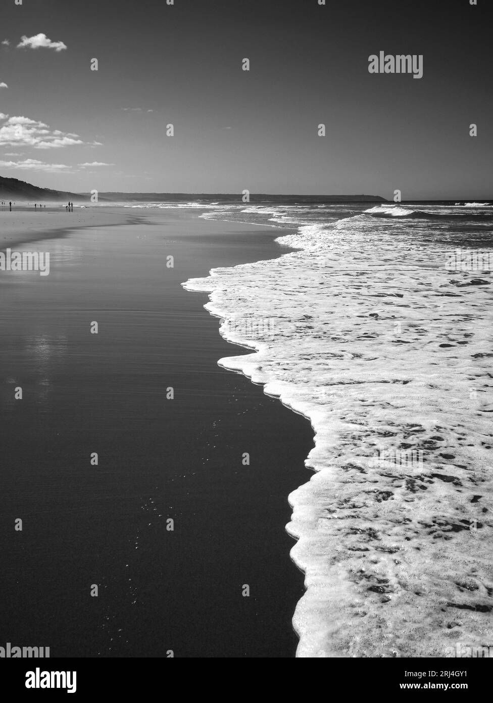 A vertical grayscale shot of a wave crashing onto the shore of a beach ...