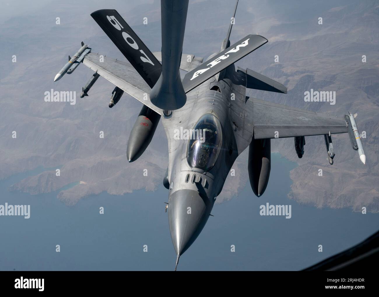 U.S. Air Force F-16 refuels from KC-135 over the Persian Gulf on Aug ...