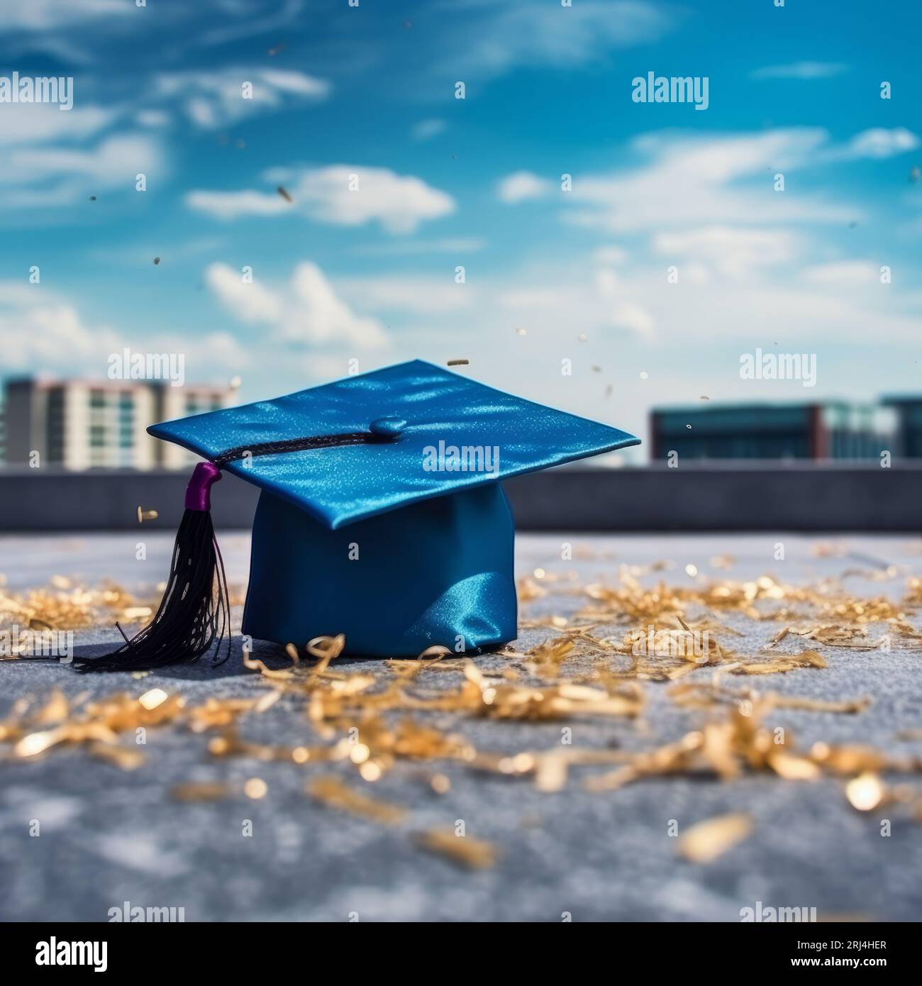 A blue graduation cap with confetti. Graduation, academic achievement ...