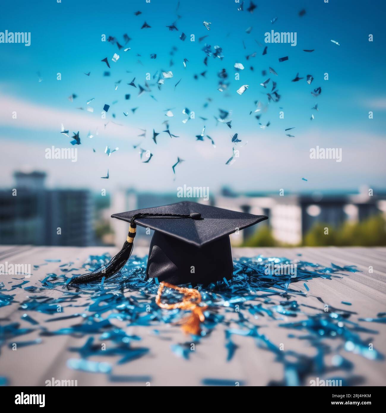 A blue graduation cap with confetti. Graduation, academic achievement ...