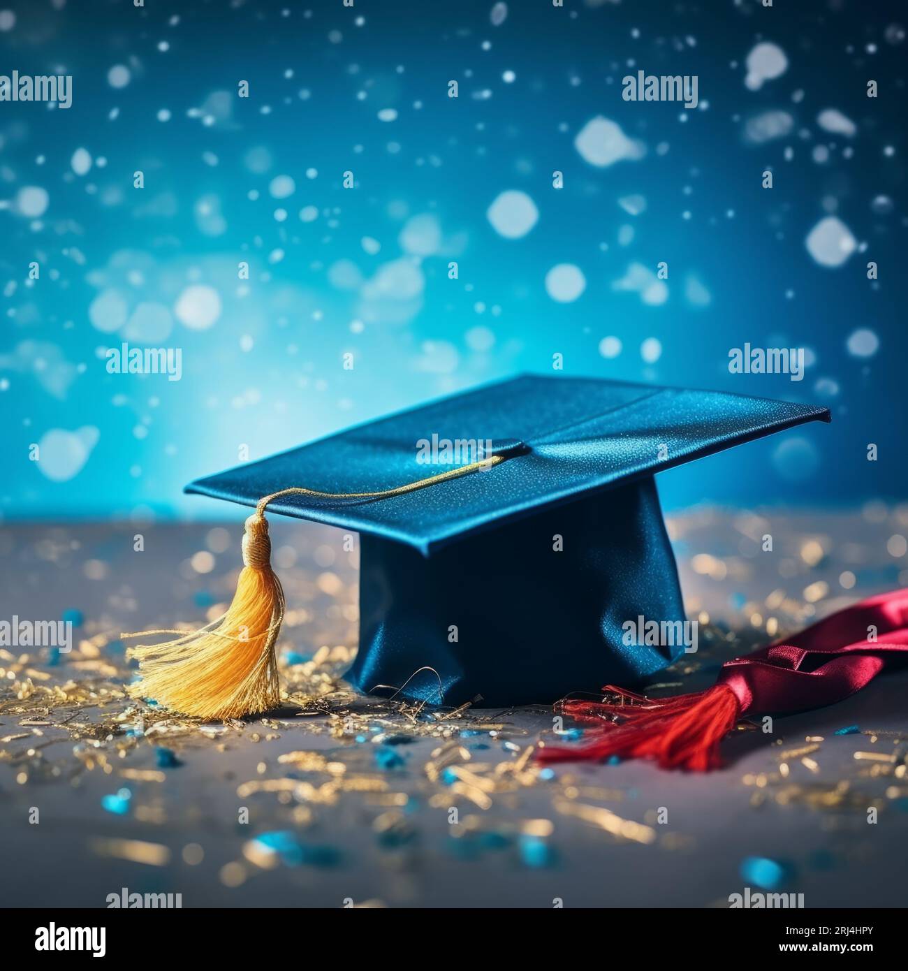 A blue graduation cap with confetti. Graduation, academic achievement ...
