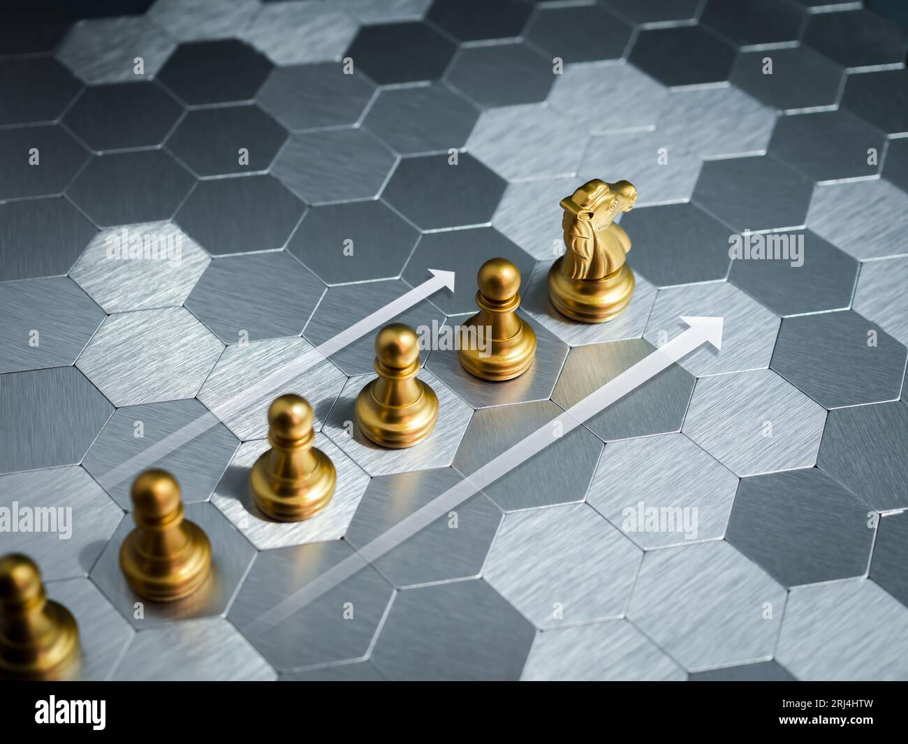 Moving forward arrows and golden horse, knight chess piece stand front ...