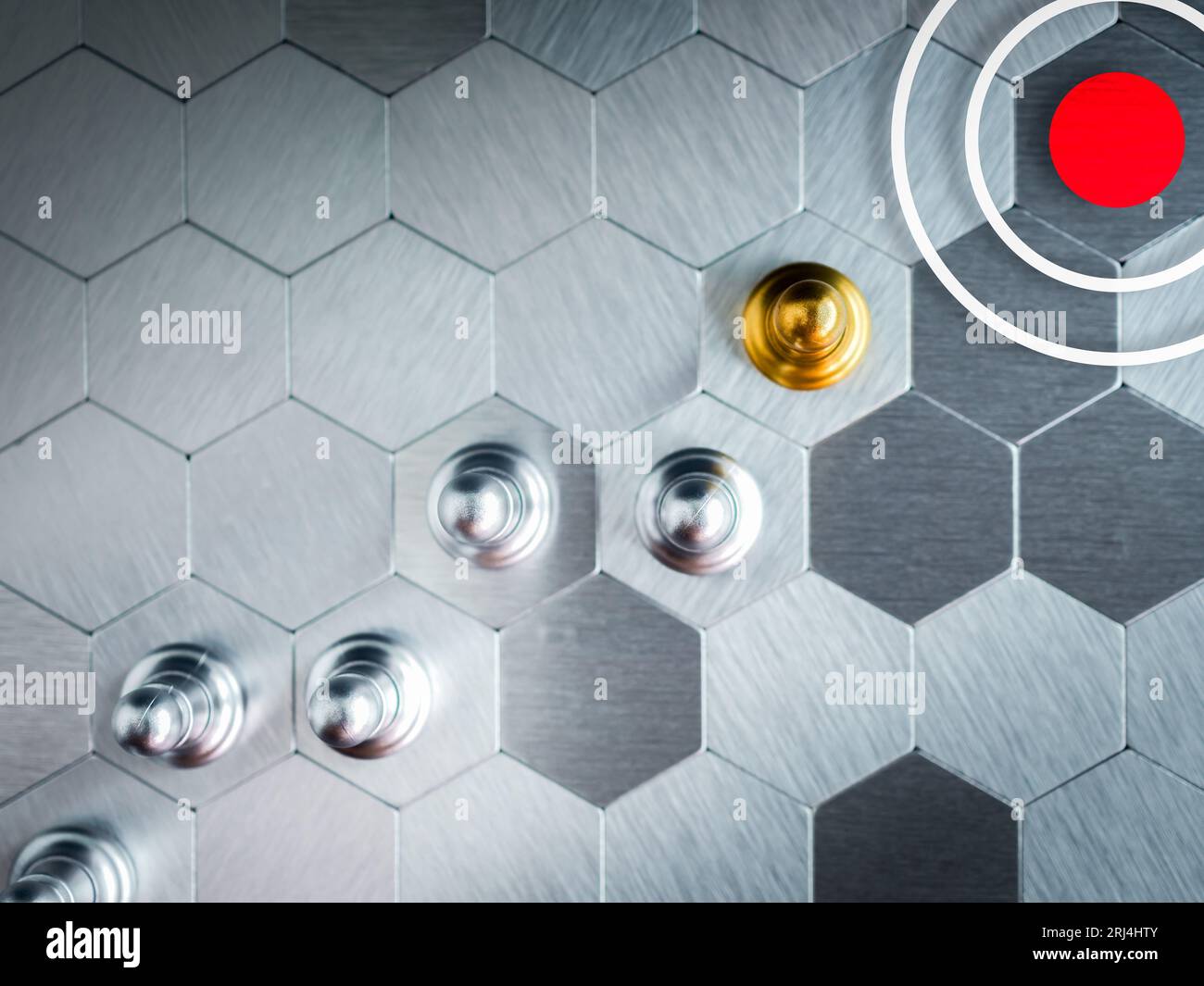 Top view of big target icon and golden pawn chess piece standing front ...