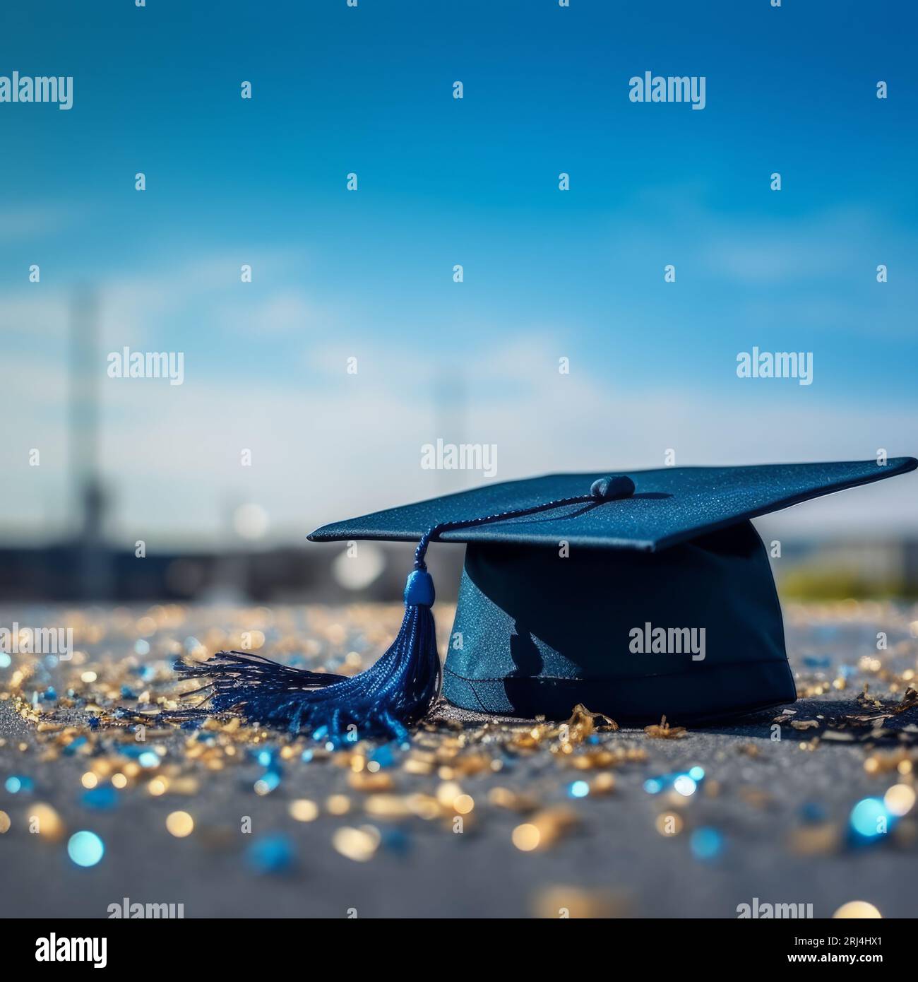 A blue graduation cap with confetti. Graduation, academic achievement ...