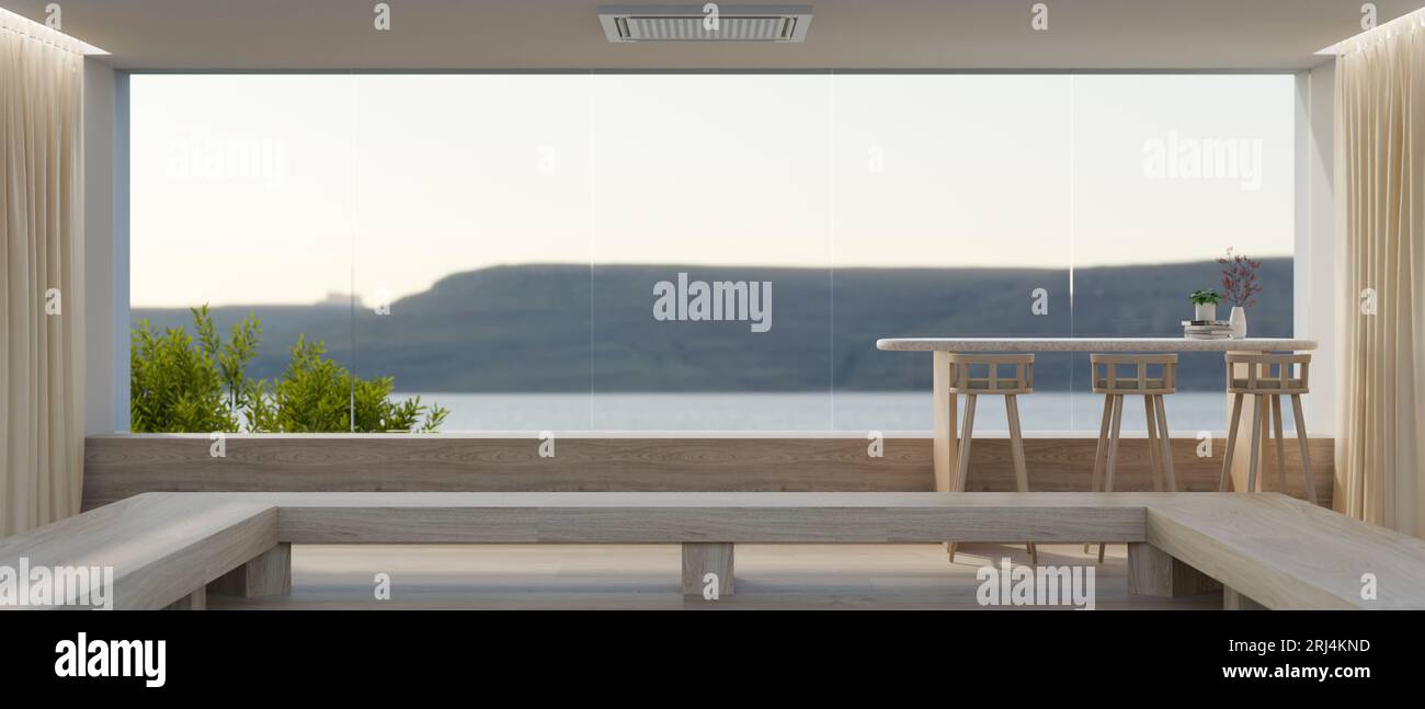 Interior design of a modern minimal spacious cafe or hotel lounge with ...