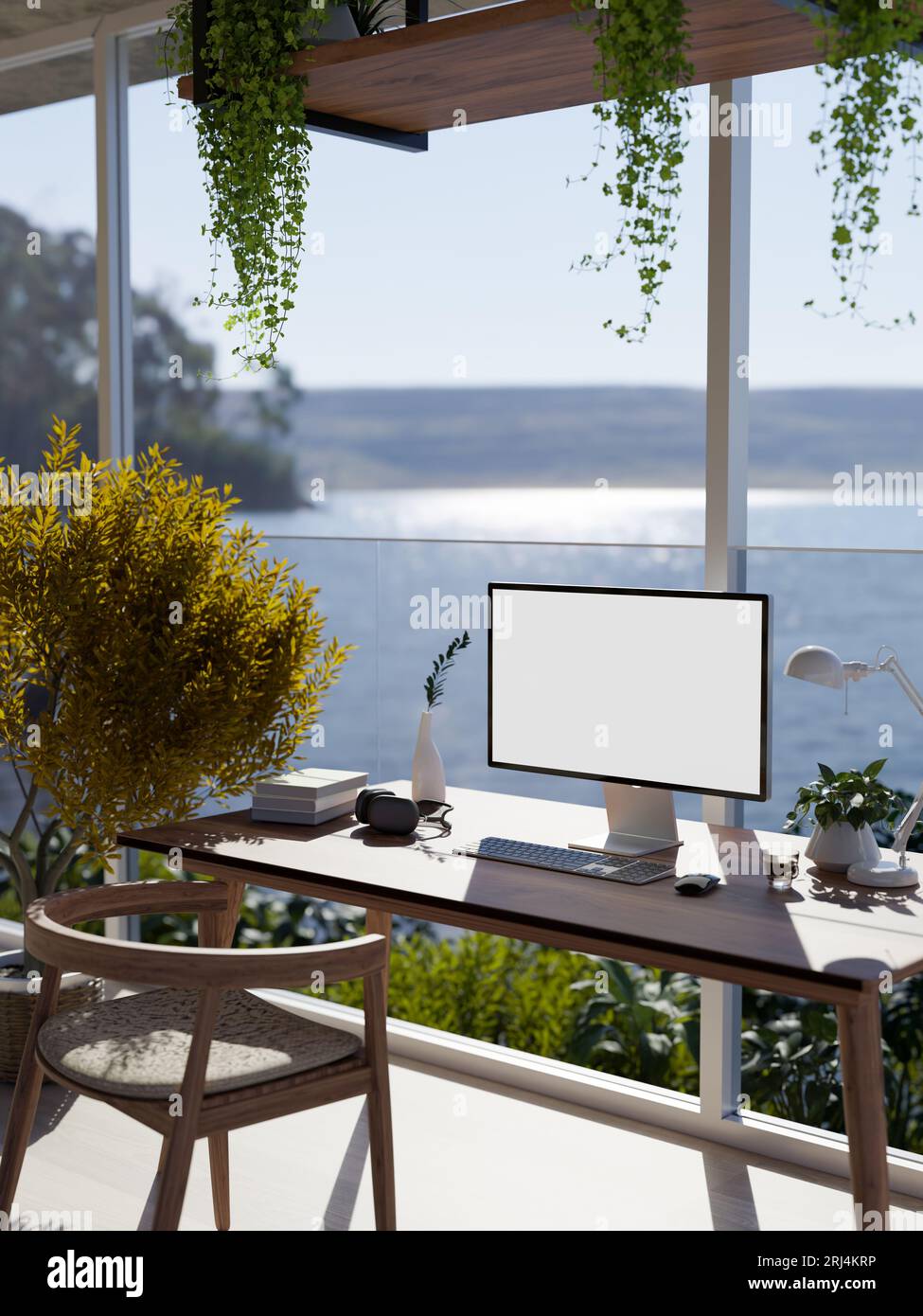 A modern tropical, luxury office workspace against the glass window ...