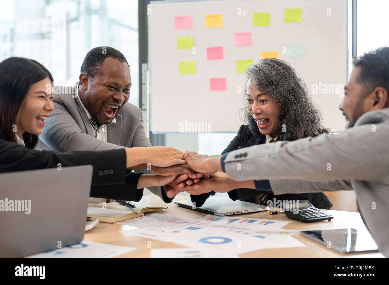 A multiracial group of cheerful and successful business people is in a ...