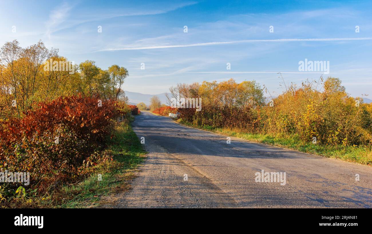 old asphalt road. trip through countryside in autumn. trees in fall ...