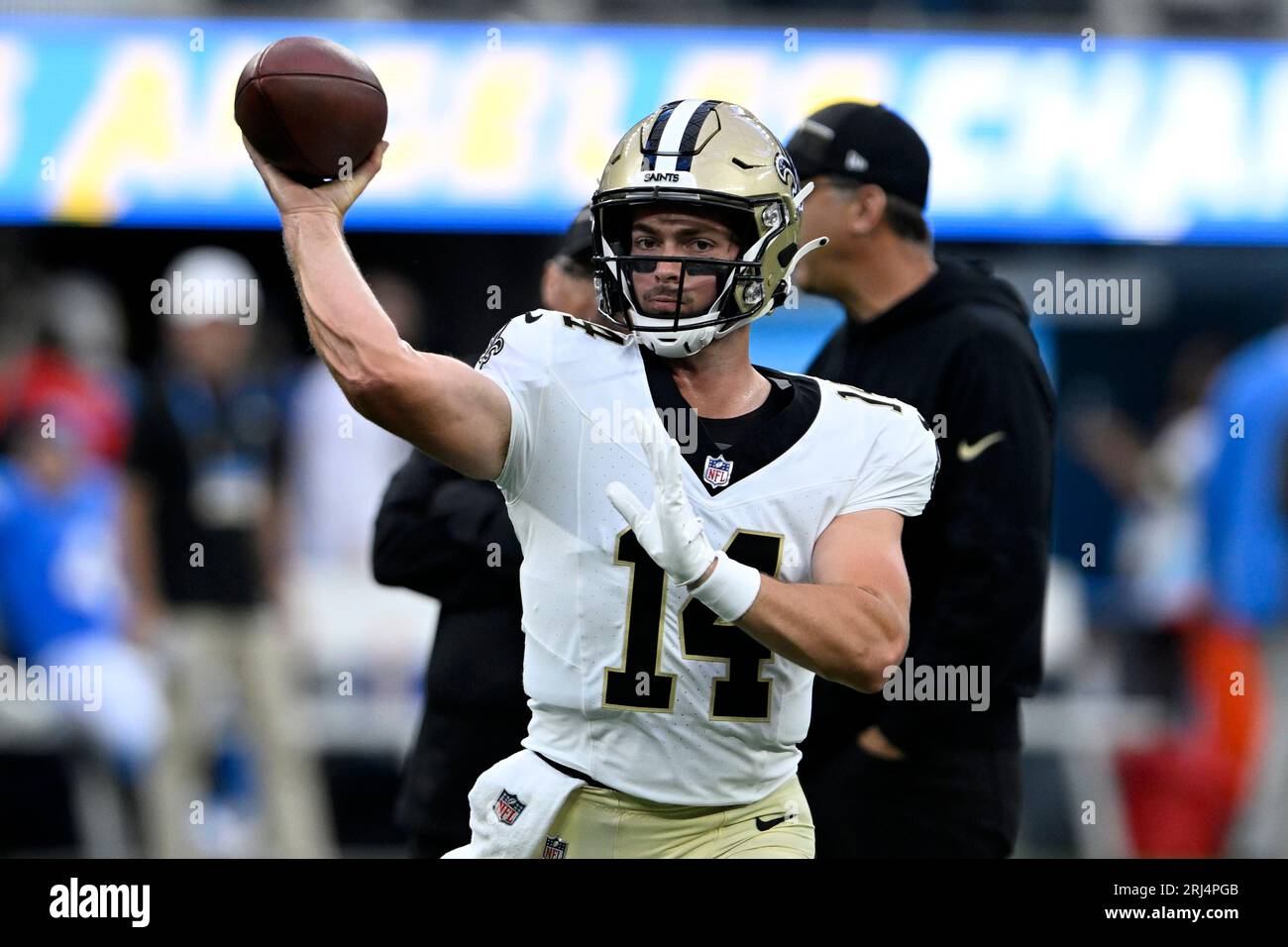 New Orleans Saints quarterback Jake Haener throws during warmups before ...