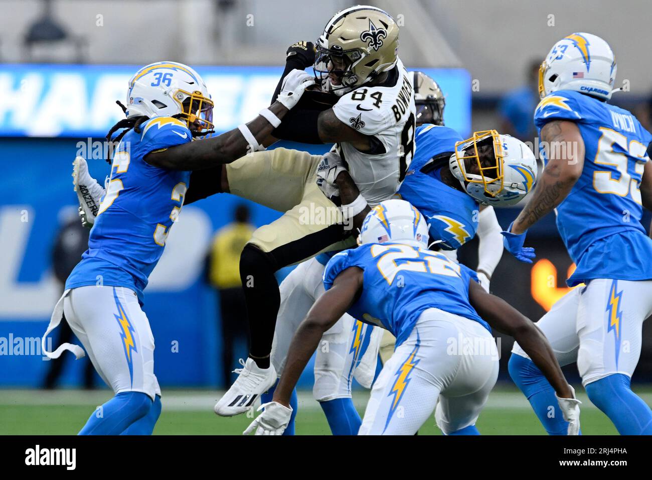 New Orleans Saints wide receiver Lynn Bowden (84) is tackled by Los ...