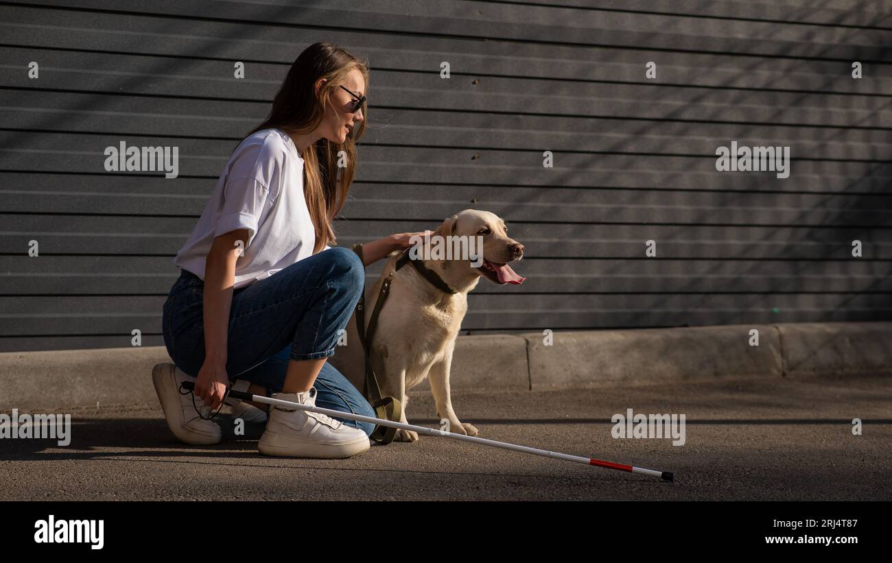 A blind woman walks her guide dog on the street. Girl hugging a ...