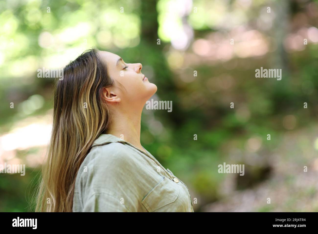 Profile of a woman breathing in a forest fresh air Stock Photo - Alamy